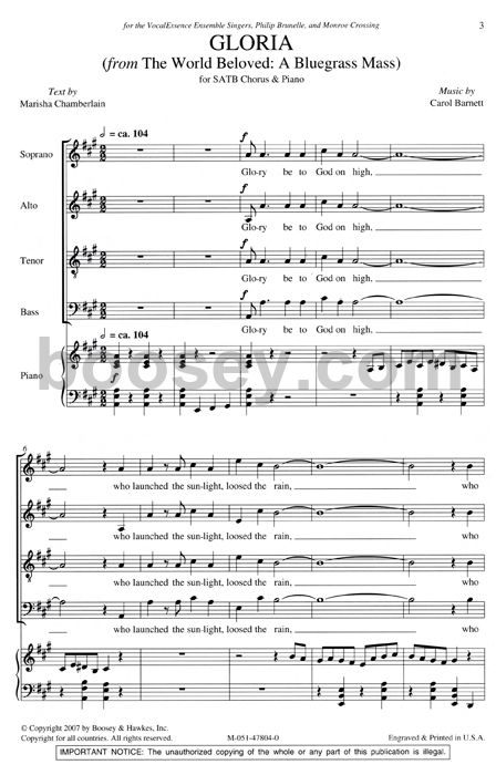Carol Barnett - The World Beloved: A Bluegrass Mass: Gloria (SATB & Piano)