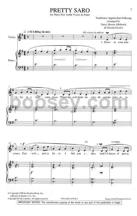 Mary Goetze - Pretty Saro (3 Pt Treble Voices & Piano)